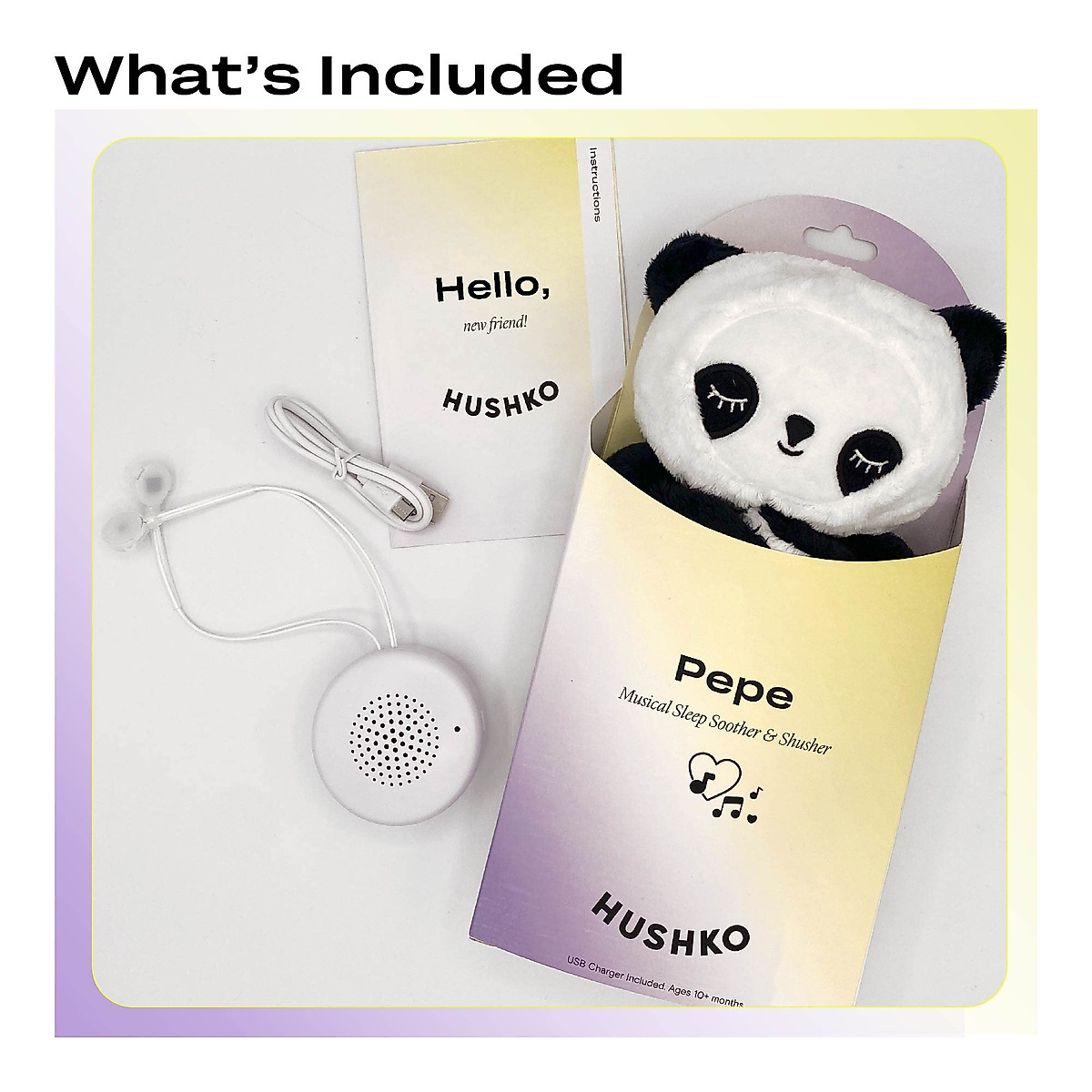 Hushko White Noise Baby Sound Machine - Sleeping Toy Panda - Sleep Soother: Shusher, Mother’s Heart Beat, Lullaby, or Record Any Sound. Volume & Time Control, Pacifier Holder, Washable, USB.