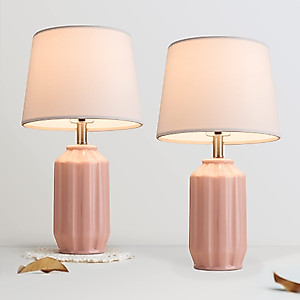 SIMPOL HOME Set of 2 Bedside Table Lamps with Linen Fabric Shades, Ceramic Base for Bedroom, Living Room, Office, Kids Nursery - Modern Nightstand, Desk, Reading, Working Lights (Bulbs Not Included)