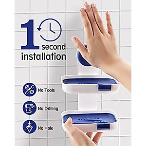 MOVNO Double Layer Soap Dish Soap Holder for Shower Wall, Sponge and Bar Soap Holder Saver for Bathroom Gadgets, Soap Container with Draining Tray Soap Case for Bathroom and Kitchen（Blue）