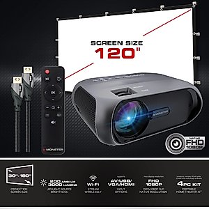 Monster Vision 1080P Image Stream Projector and 120” Portable Screen, 2500 Lumens, Universal Video/Audio/Photo Format Support, Wireless Device Mirroring, Stream Videos/Photos from Android/iOS Devices