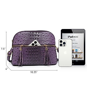 Dasein Women Tassel Zipper Pocket Crossbody Bag Shoulder Purse Fashion Travel Bag with Multi Pockets(Ostrich Purple)