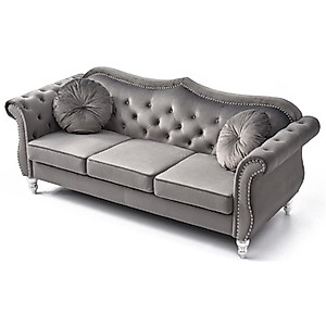 Pemberly Row17 Transitional Velvet Tufted Sofa with 2 Pillows in Dark Gray
