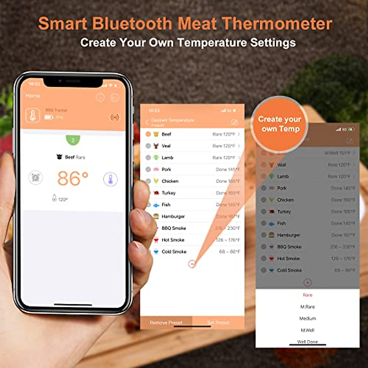 Wireless Meat Thermometer with Probe - BESTCROF Bluetooth Food Thermometer for Grilling and Smoking, Grill Thermometer with Dual Probes, Smart BBQ Thermometer for Cooking Turkey Fish Beef