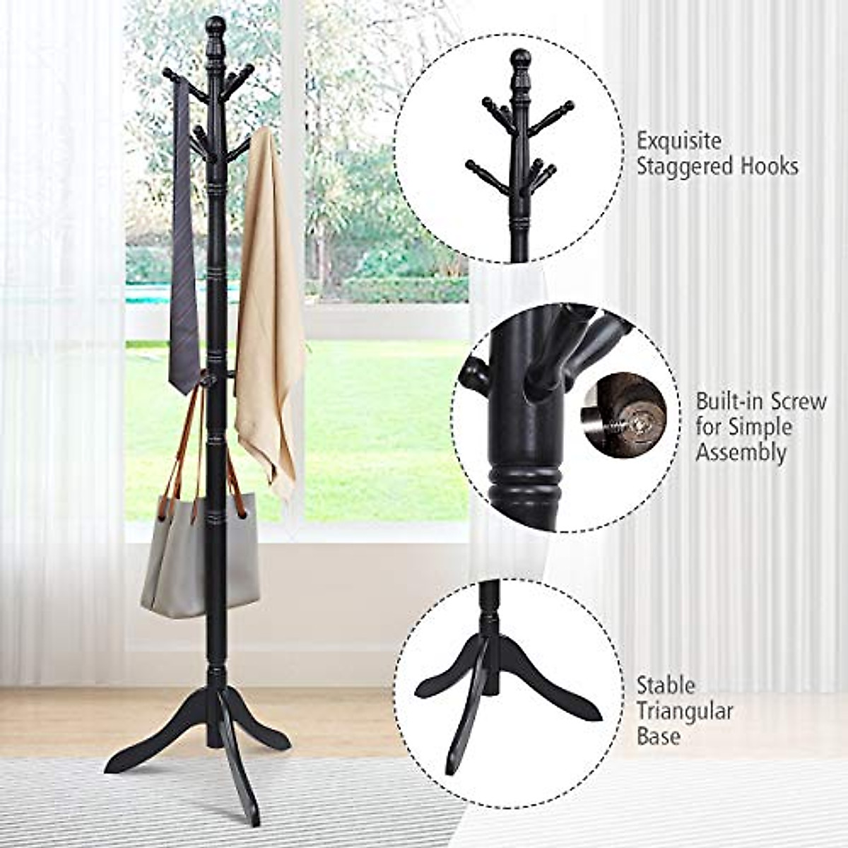 Tangkula Wood Coat Rack Freestanding, Entryway Height Adjustable Coat Stand with 9 Hooks & Stable Tri-Legged Base, Rubber Wood Coat Tree Hall Tree Coat Hanger Stand for Home Office Hall Entryway