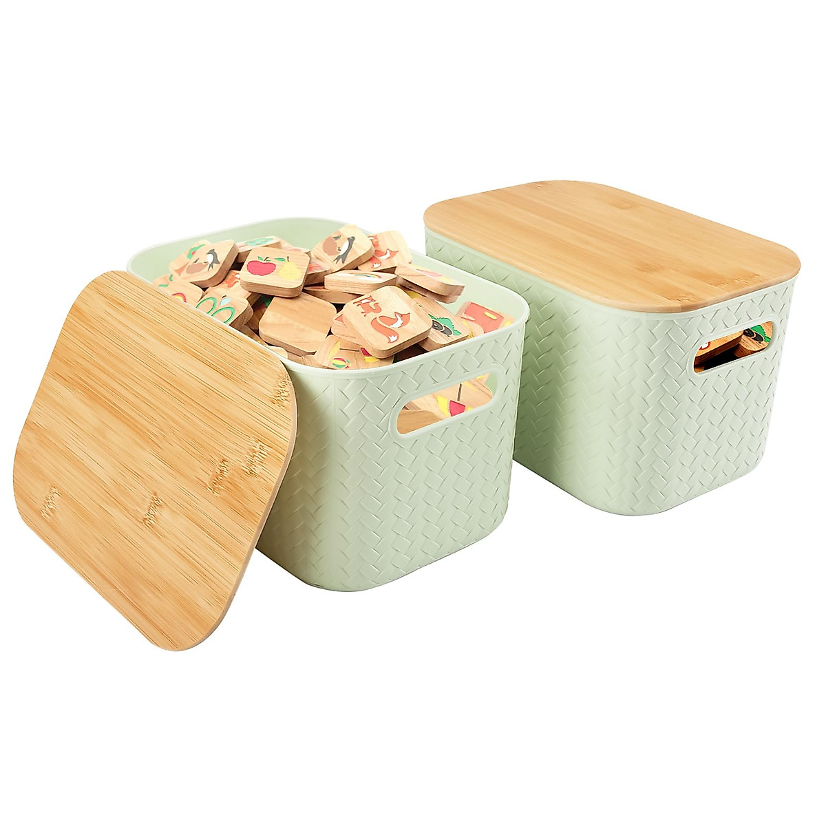 2 Packs Storage Bins with Bamboo Lids,Plastic Stackable Storage Containers,Storage Box Storage Baskets Lidded Organizer Bins for Shelves Drawers Desktop Closet Playroom Classroom Office (Green)