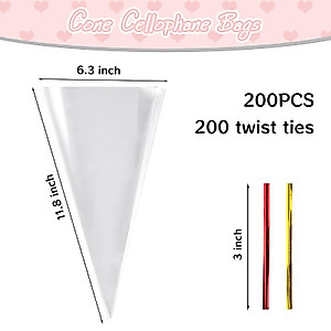 VGOODALL 200PCS Cone Cellophane Bags, 6.3 x 11.8 Clear Treat Bags for Popcorn Candy Bags, Triangle Party Gift Bags with ties for Christmas party, Wedding, Brithday, Pop Gift Candy Buffet Supplies