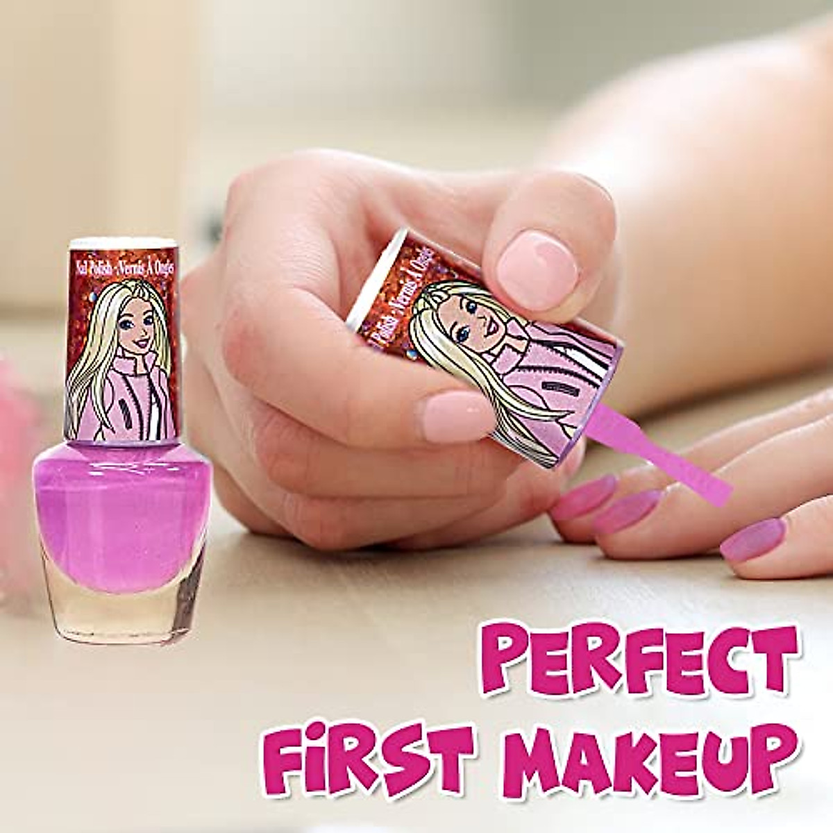 Townley Girl Barbie Non-Toxic Peel-Off Water-Based Safe Nail Polish Set with Nail Dryer for Kids, Batteries Not Included, Ages 3 and Up