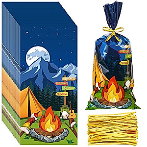 100 Pieces Camping Cellophane Treat Bags Camp out Goodie Candy Favor Bags Gift Bags with 100 Pieces Twist Ties for Camping Party Decorations Kids Birthday Party Baby Shower Supplies Gift Wrapping