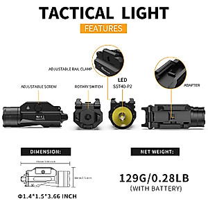 CRONHAWK 1350 Lumens Rail Mounted Pistol Flashlight, Rechargeable Gun Flashlights for Pistol Airsoft