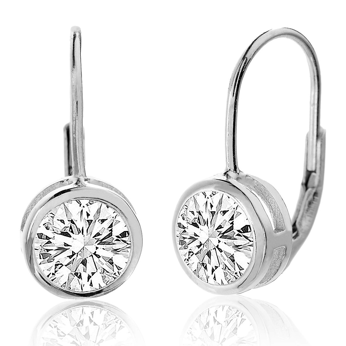 Mia Sarine Rhodium Plated 925 Sterling Silver 8mm Round Bezel Set Solitaire Cubic Zirconia Leverback Earrings for Women White