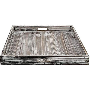 MyGift 19-inch Square Rustic Torched Wood Ottoman Tray with Vintage Metal Side Accent Wraps