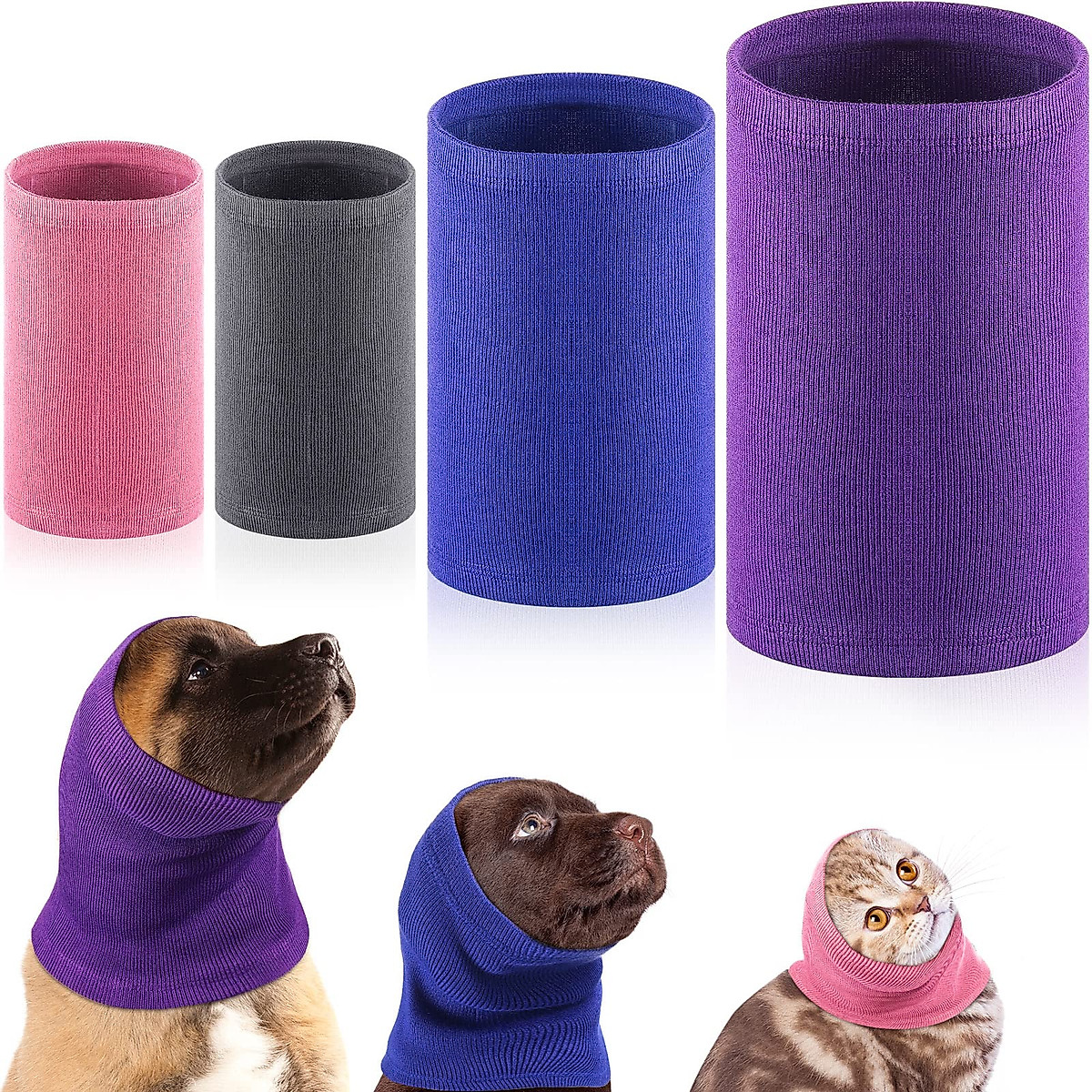 Saintrygo 4 Pcs 3 Size Snoods for Dogs Pet Dog Ear Wrap Cover Dog Sound Proof Ear Muffs for Dogs Barking and Bathing Warm Winter Dog Ear Scarf for Calming Pet(Gray, Pink, Blue, Purple)