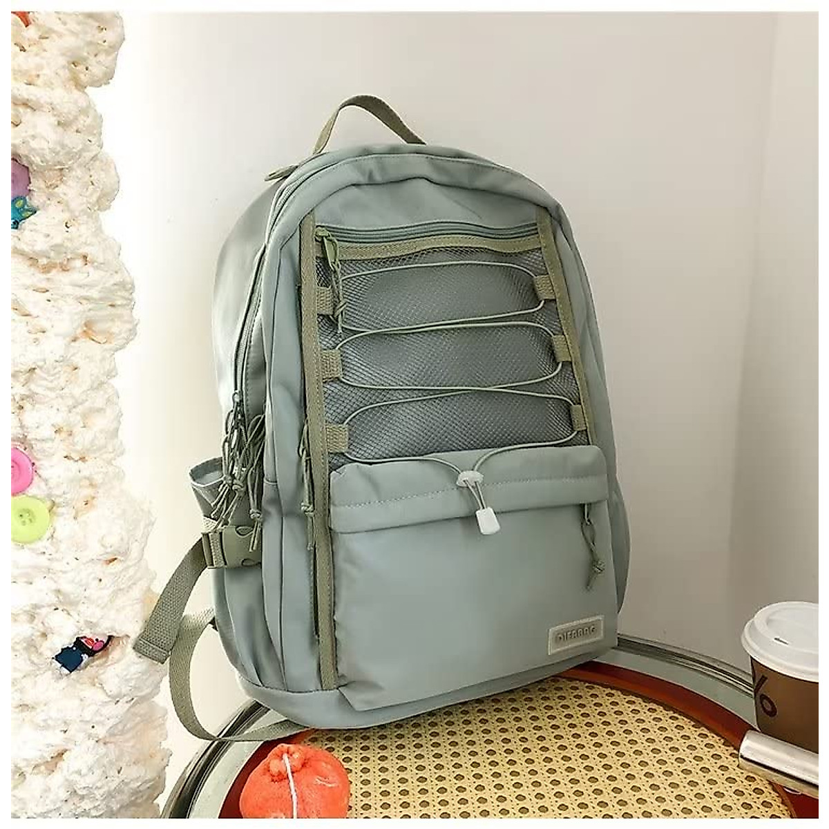 HCOOLE Kawaii Backpack with Plush Pendant School Backpack Cute Waterproof Mesh Camping Aesthetic Solid Color Backpack