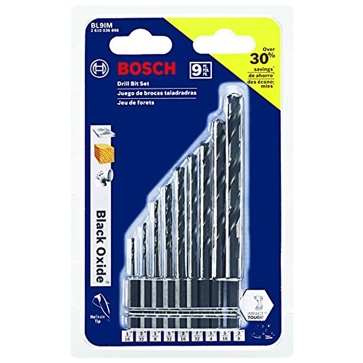 BOSCH BL9IM 9-Piece Assorted Set Black Oxide Metal Drill Bits Impact Tough with Impact-Rated Hex Shank for Applications in Steel, Copper, Aluminum, Brass, Oak, MDF, Pine, PVC and More