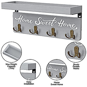 buways Wall-Mounted Key and Mail Holder, Wooden Key Rack with 4 Double Key Hooks, Rustic Home Decor for Entryway(Gray)