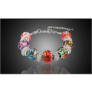 Savlano Silver Tone Snake Chain Charm Bracelet Crystal and Murano Glass Beads with 2 inch Extension for Women Comes with Gift Box
