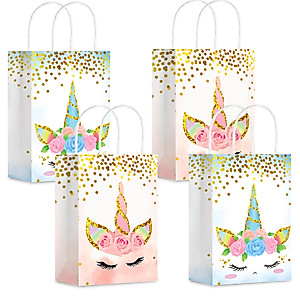 Sinekong 16Pcs Unicorn Party Favor Bags Unicorn Goodie Gift Treat Candy Bags Reusable Unicorn Goody Kraft Paper Bag with Handle for Unicorn Party Supplies Birthday Decorations for Baby Shower
