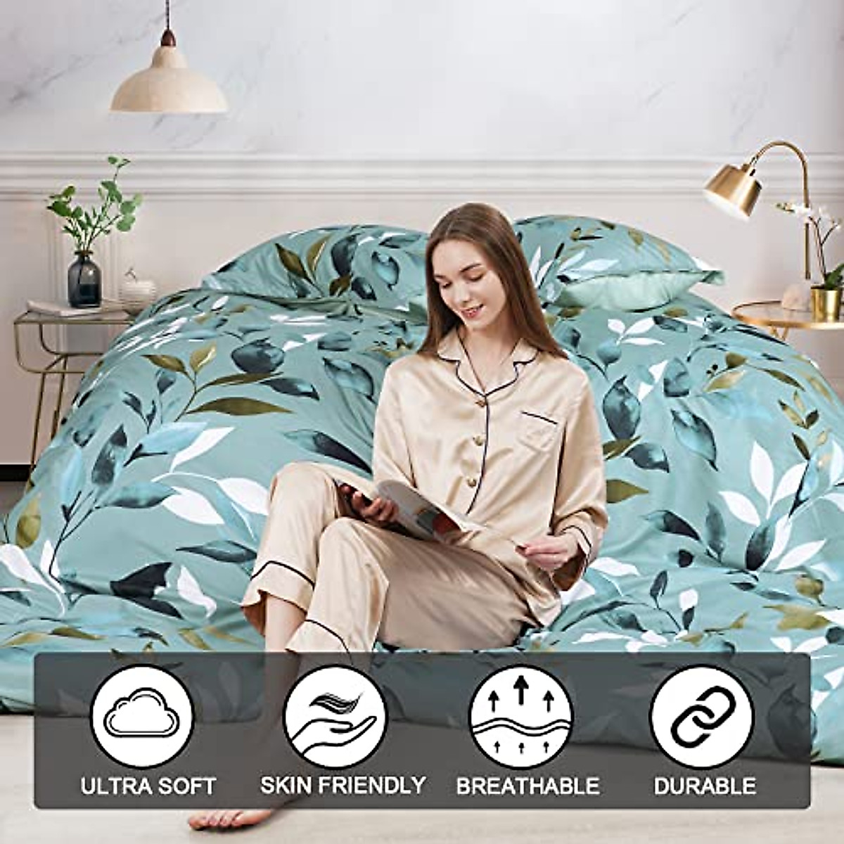 PHF Washed Soft Duvet Cover Set Queen Size, 3PCS Stylish Botanical Comforter Cover Set, Ultra Soft Comfy Durable Chic Duvet Cover with Pillow Shams Bedding Collection, 90" x 90", Sage Green Botanical