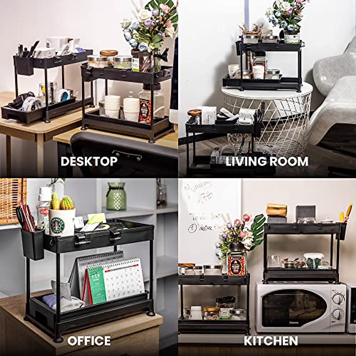 2 Pack Under Sink Organizer, 2 Tier Under Sink Organizers and Storage for Kitchen with Hooks, Hanging Cup, Divider, Multi-purpose Storage Shelf (Black)