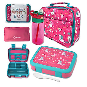 Bundle of kinsho Bento Lunch Box with Insulated Bag, Water Bottle&Ice Pack Set (Pink Unicorn) + Pencil Case for Girls, Cute Pouch Box Bag for Little Kids (Pink Unicorn)
