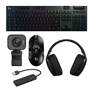 Logitech G915 LIGHTSPEED Wireless RGB Mechanical Gaming Keyboard (GL Tactile) Bundle with Gaming Mouse, Webcam with Tripod, Headset, and 4-Port USB 3.0 Hub (5 Items)