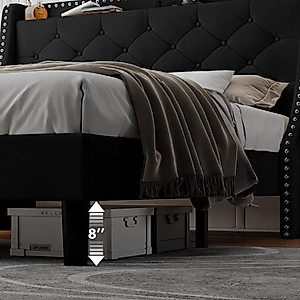 Feonase Queen Platform Bed Frame with Type-C & USB Charging Station, Upholstered Wingback & Storage Headboard, Solid Wood Slats, No Box Spring Needed, Easy Assemble, Black