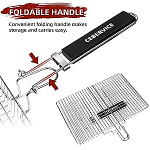 CEBERVICE Grill Basket Extra Large, SUS304 Food Safe Stainless Steel, Portable Folding BBQ Outdoor Camping Grilling Rack for Fish, Vegetables, Shrimp, Barbeque Griller Cooking Accessories, Grilling Gifts for Men, Dad, Father, Husband