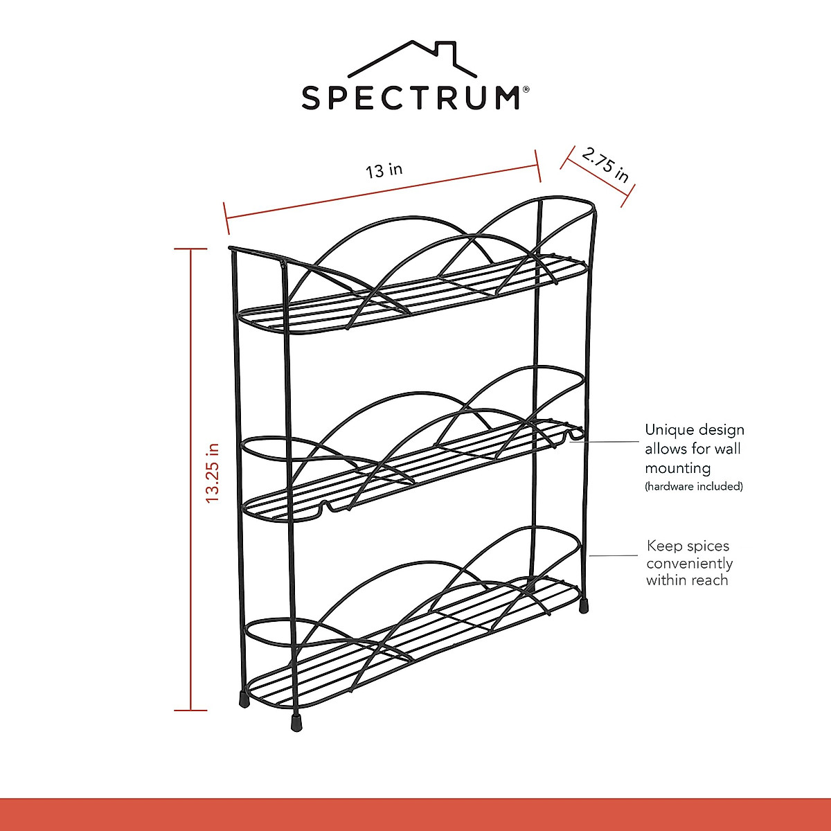Spectrum Diversified Countertop 3-Tier Rack Kitchen Cabinet Organizer or Optional Wall-Mounted Storage, 3 Spice Shelves, Raised Rubberized Feet, Black