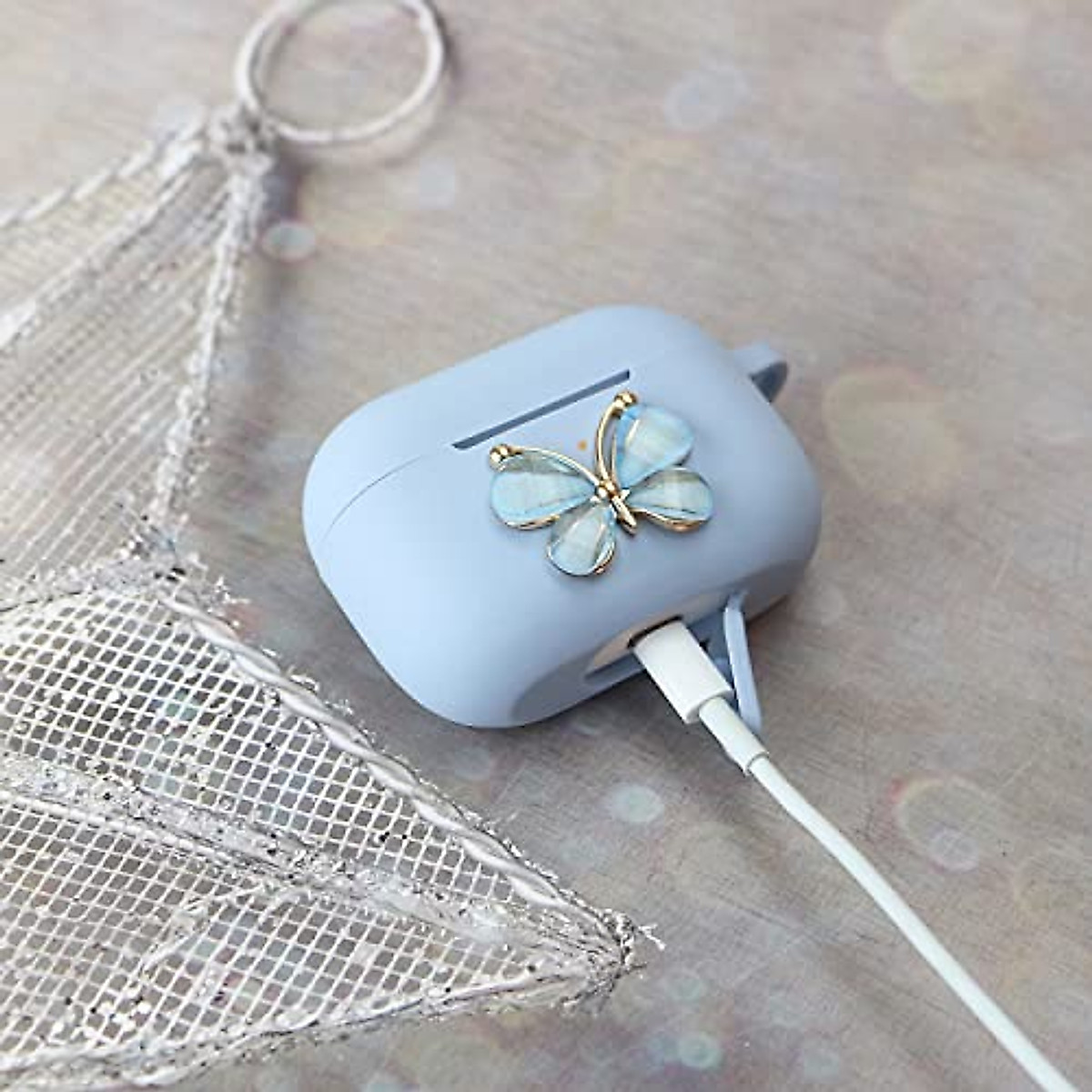 Wonhibo Cute Butterfly Airpods Pro Case for Women Girls, Blue Designer Cover for Apple Airpod Pro 2019 with Keychain