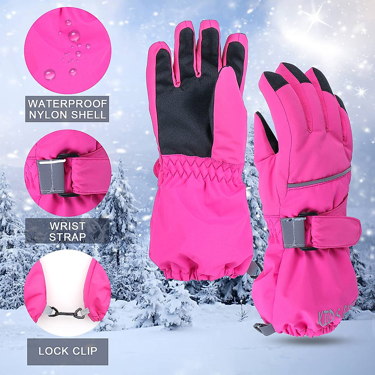 BAVST Kids Winter Glove Boys Girls Snow Ski Waterproof Gloves for Teens Fleece Lining Warm Mittens Outdoor (Rose, 7-10T)