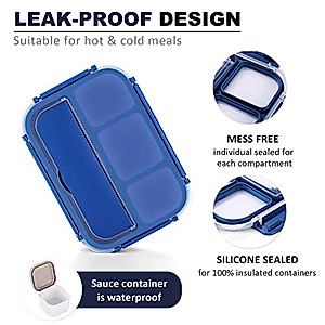 QQKO Bento Box Adult Lunch Box, Lunch Containers for Adults, 1200 ML Food Container With 4 Compartments, Including 4 Muffin Cups, Utensils Set, Sauce Jar, Leak-Proof, Microwave, Dishwasher Safe, Blue