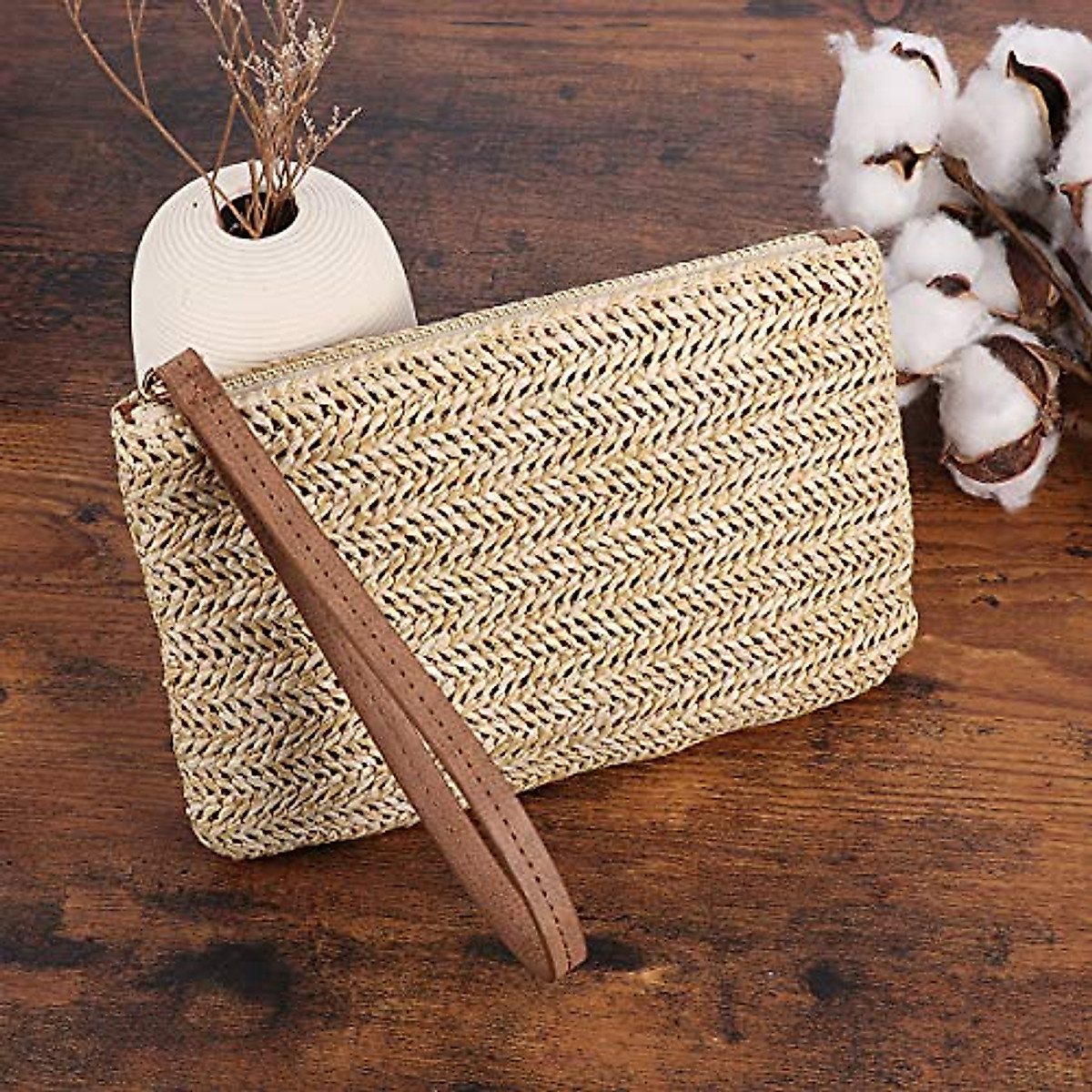 FENICAL Straw Clutch Bag Bohemian Zipper Wristlet Summer Beach Handbag for Women Girls
