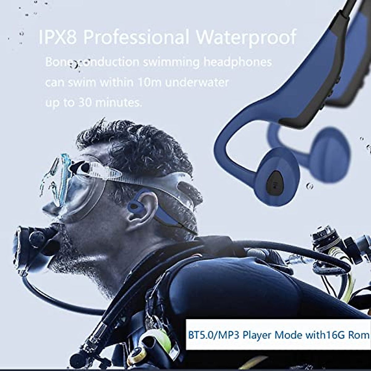 Wireless Bluetooth Headphones, Bone Conduction Headphones Compatible with Android iPhone, Waterproof Open Ear Earphones Swimming Headset Underwater Hi-Fi Stereo Sound for Gym Running, Grey
