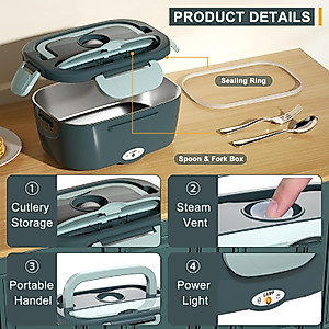 Monteka Electric Lunch Box Food Heater - Leakproof Portable Food Warmer heated lunch box for adults for Car/Home/Truck with 1.5L Removable Stainless Steel Container, 12V/24V/110V