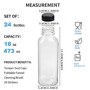 YULEER 24pcs 16oz Plastic Bottles with Caps, Take Out Bottles with Lids for Bottles, Clear Juice Bottles Bulk Containers for Smoothie, Drinking, and Other Beverages