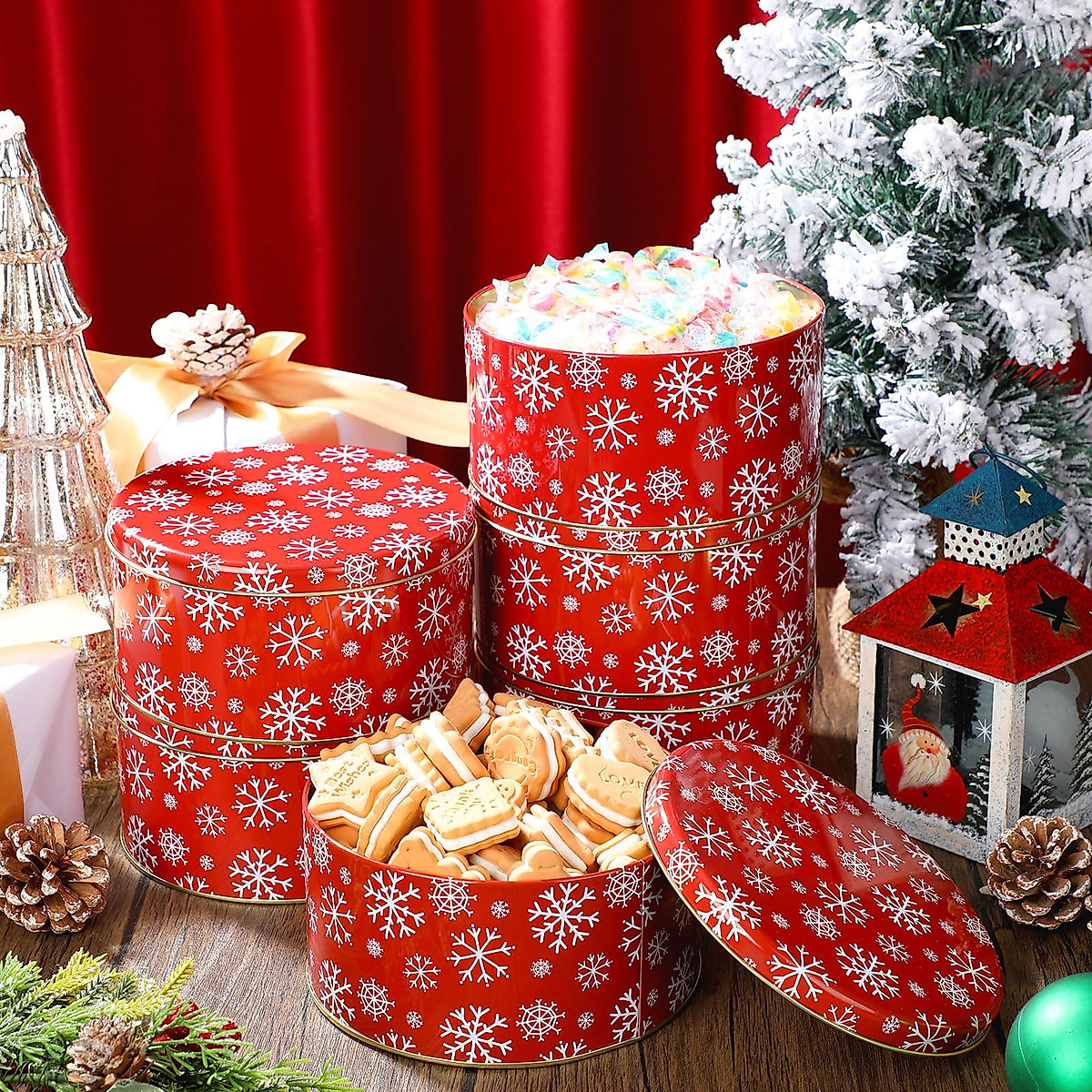Suttmin 6 Pcs 7'' Christmas Cookie Tins with Lids Round Metal Cookie Container Xmas Snowflake Boxes Empty Holiday Decorative Tins for Gift Giving Cookie Baking Chocolate Snack Storage Cookie Tins