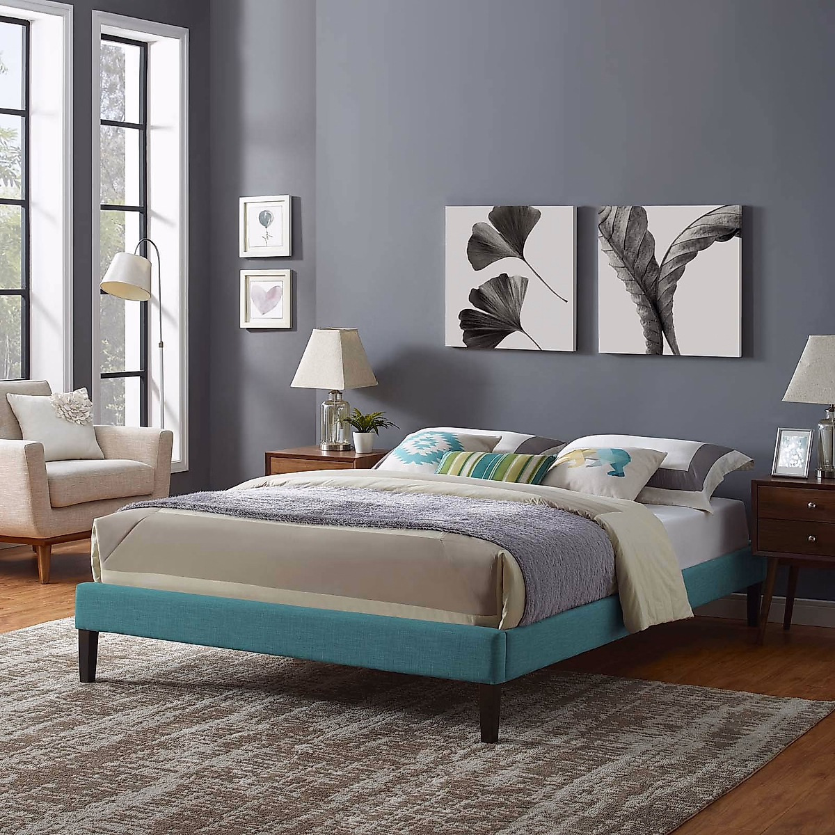 Modway Tessie Upholstered King Platform Bed Frame with Wood Slat Support in Teal