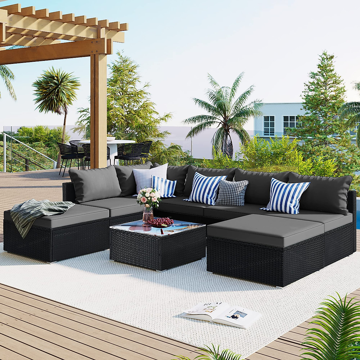XD Designs 8-Pieces Outdoor Patio Furniture Sets, All Weather PE Wicker Sectional Sofa Set with Tempered Glass Table, Garden Conversation Set with Comfortable Cushion (Gray Cushions)