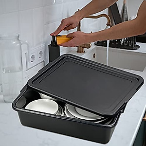 Kekow Plastic Bus Box with Lid, Commercial Bus Tubs with Handle, 3-Pack, Black