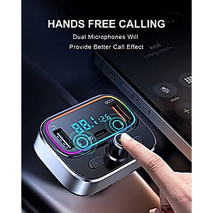 Bluetooth FM Transmitter for Car Wireless Radio Adapter Kit, Hands-Free Calling Dual Microphone, Car USB Charger QC 3.0 & PD 20 W for All Smartphones Audio Players, Supports TF/SD Card and USB Disk