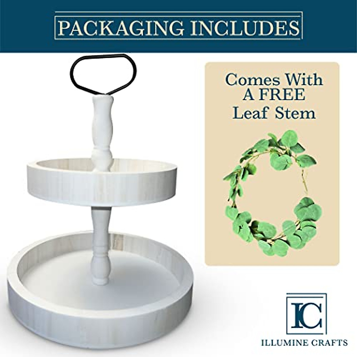 ILLUMINE CRAFTS – Two Tiered Tray – Farmhouse Tiered Tray Decor – Tiered Serving Tray – 2 Tier Fruit Basket – 2 Tiered Tray Stand – White Rustic Farmhouse Decor – 2 Tier Tray Decor with Leaf Stem