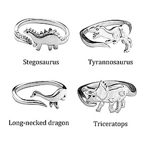 Vangelady 4 Pcs Dinosaur Rings Sets Jurassic Era Dinosaur Statement Ring Adjustable Knuckle Band Jewelry for Women Men Girls, Silver C