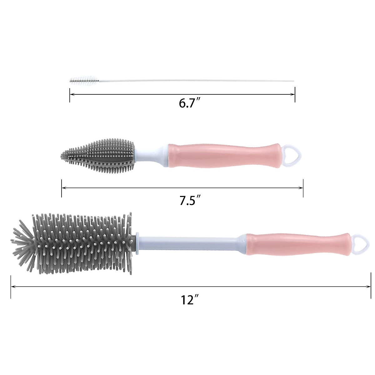 Silicone Bottle Cleaning Brush, 12" Long Handle Water Bottles Cleaner for Baby Bottles, Sports Bottle, Vase, Glassware, and Smaller Diameter Bottle Openings