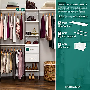 ClosetMaid SuiteSymphony Wood Closet Organizer Starter Kit with Tower and 3 Hang Rods, Shelves, Adjustable, Fits Spaces 4 – 9 ft. Wide, Pure White, 16"