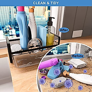 VOLCANOES CLUB Kitchen Sink Sponge Holder with Dish Soap Dispenser & Sponge | Stainless Steel Countertop Sponge Rack | Over The Sink Caddy Organizer with Removable Drain Tray - Black/Large