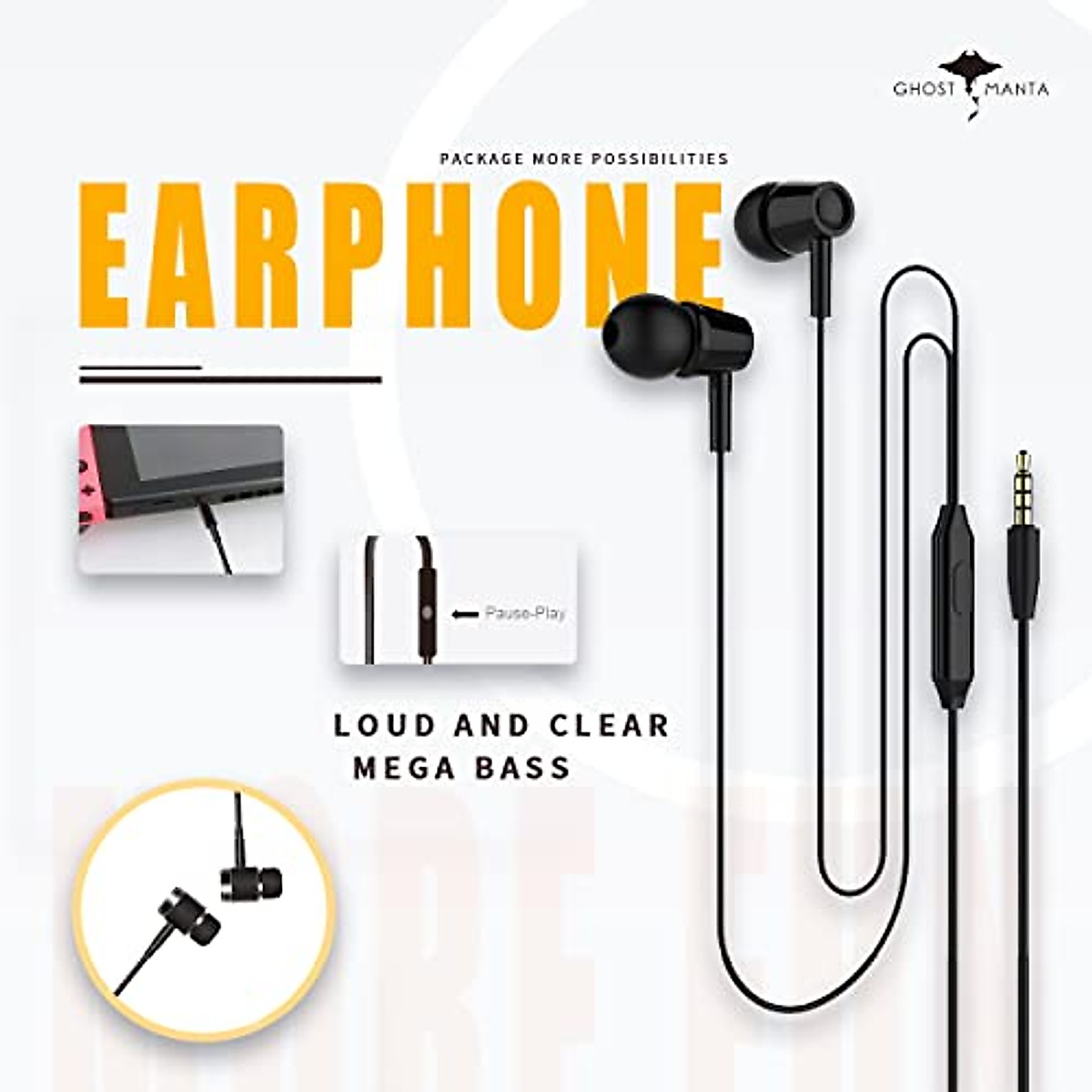 Ghost Manta 13 in 1 Accessories Kit Compatible with Nintendo Switch Earphone, Carry Bag, Tempered Glass, Game Card Storage, 2 Silicon Case, 4 Thumb Grips