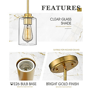 Audickic Brass Pendant Lights Kitchen Island 2 Pack, Farmhouse Gold Pendant Lighting with Clear Glass Shade, Mini Hanging Light Fixture for Kitchen Sink Dining, AD-22281-1P2-GD-C