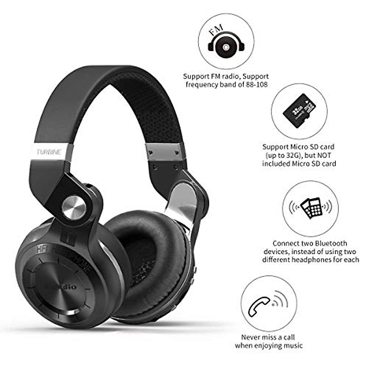 Bluedio T2 Plus Turbine Wireless Bluetooth Headphones with Mic/Micro SD Card Slot/FM Radio (Black)