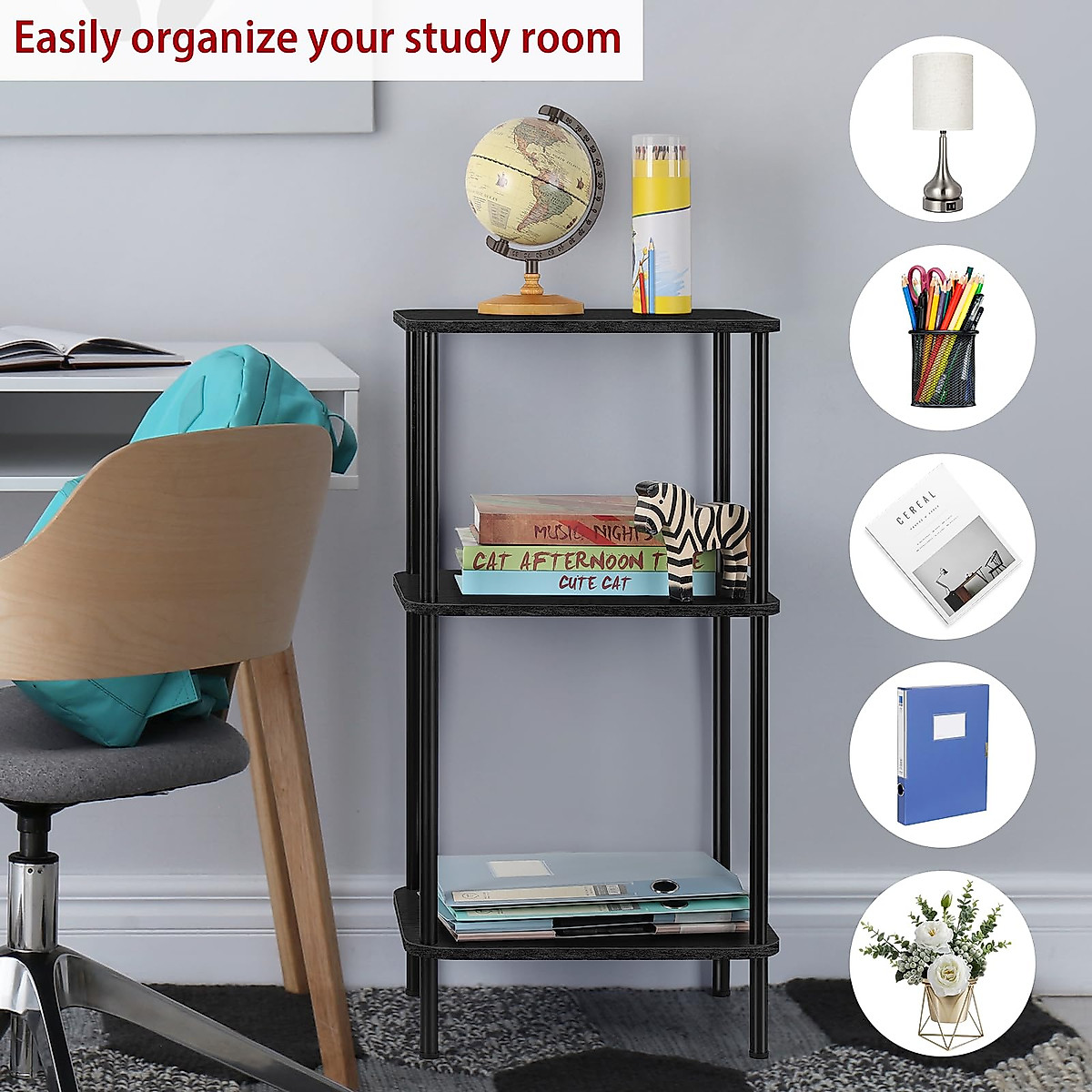 smusei 3 Tier Small End Table Tall Telephone Table with Storage Shelves Black Side Table for Small Spaces Tall Night Stand Table for Bedroom, Living Room, Office, Sofa Couch