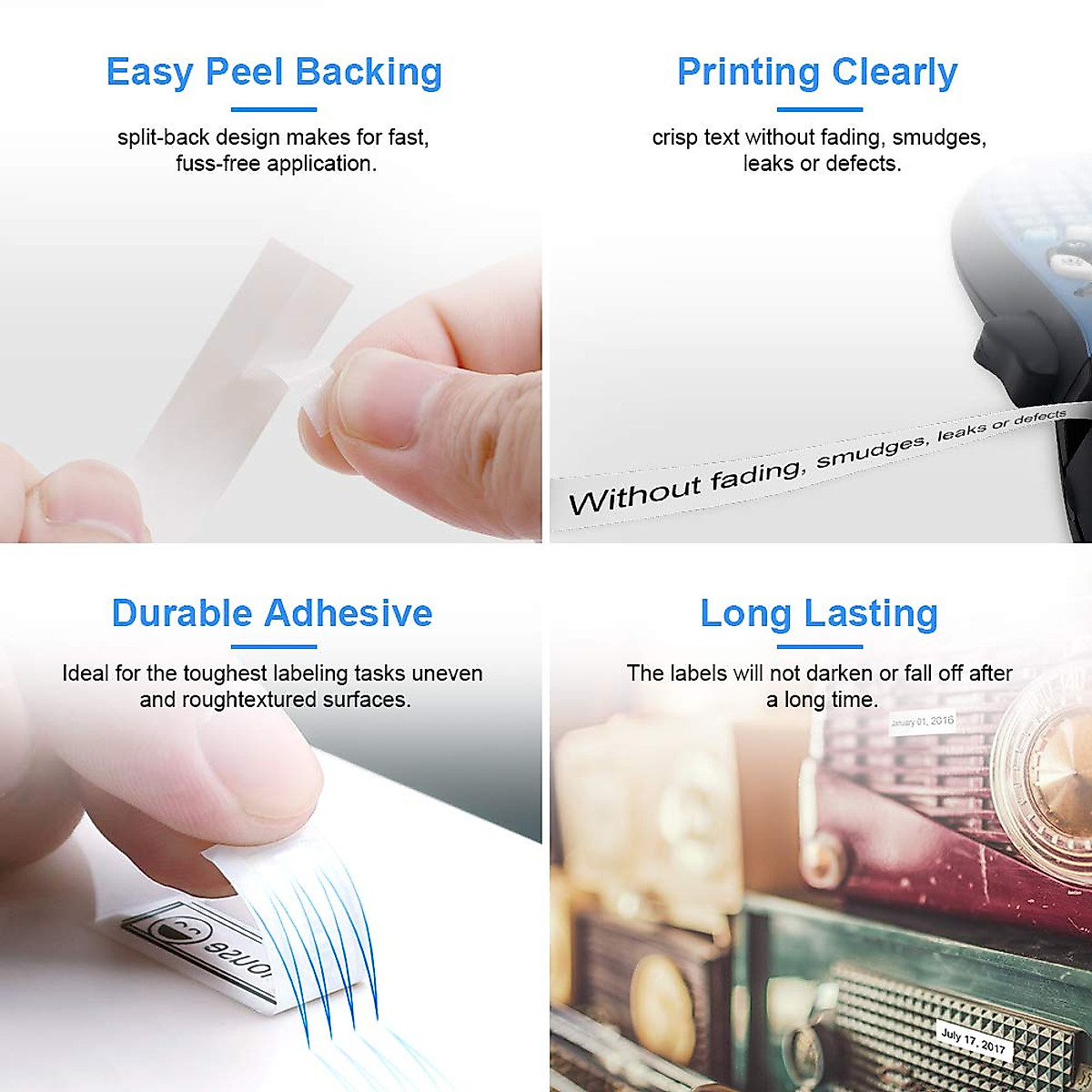 Replace for Dymo LetraTag Refills 91331 White Plastic Label Tape 12mm x 4m 1/2" x 13' Label Maker Refills Compatible with Dymo Letra Tag Label Maker LT100H LT100T QX50, Black on White, 4-Pack